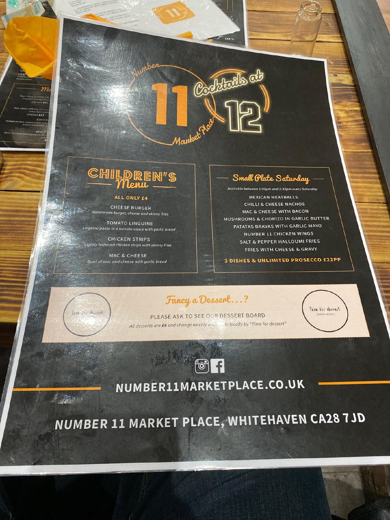 Menu at Number 11 restaurant and bar, Whitehaven