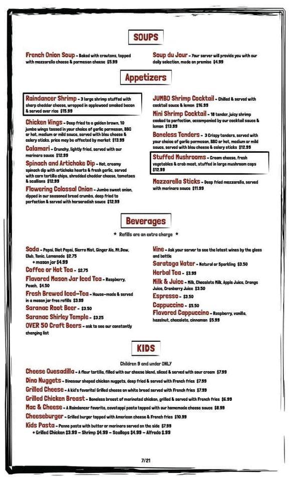 Menu at Raindancer Restaurant, Amsterdam, State Highway 30