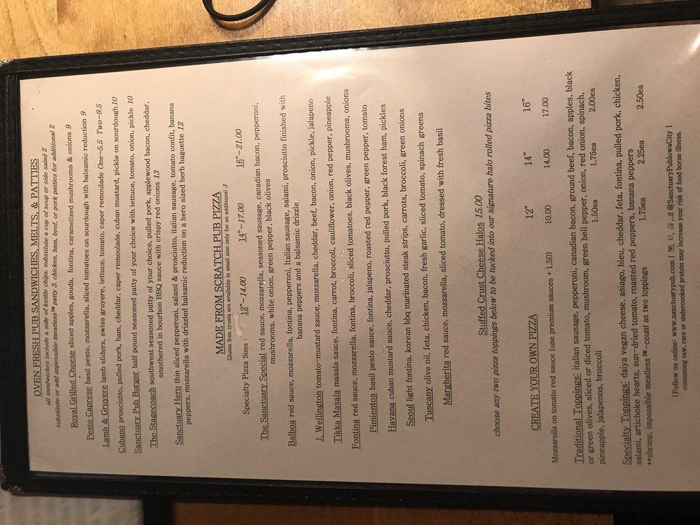 Menu at Sanctuary pub & bar, Iowa City