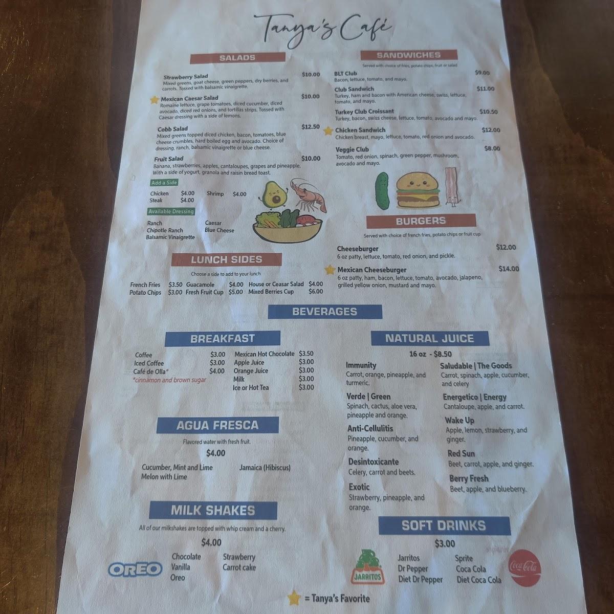 Menu at Tanya's Cafe, Garland