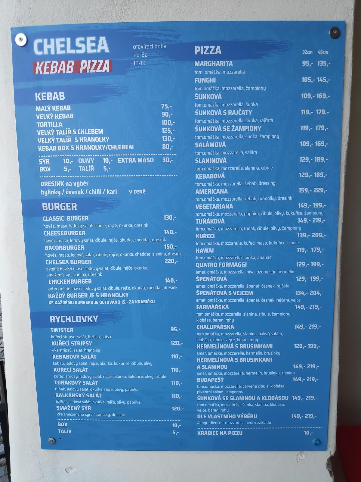 Menu at Chelsea kebab-pizza restaurant, Jablonné v Podještědí