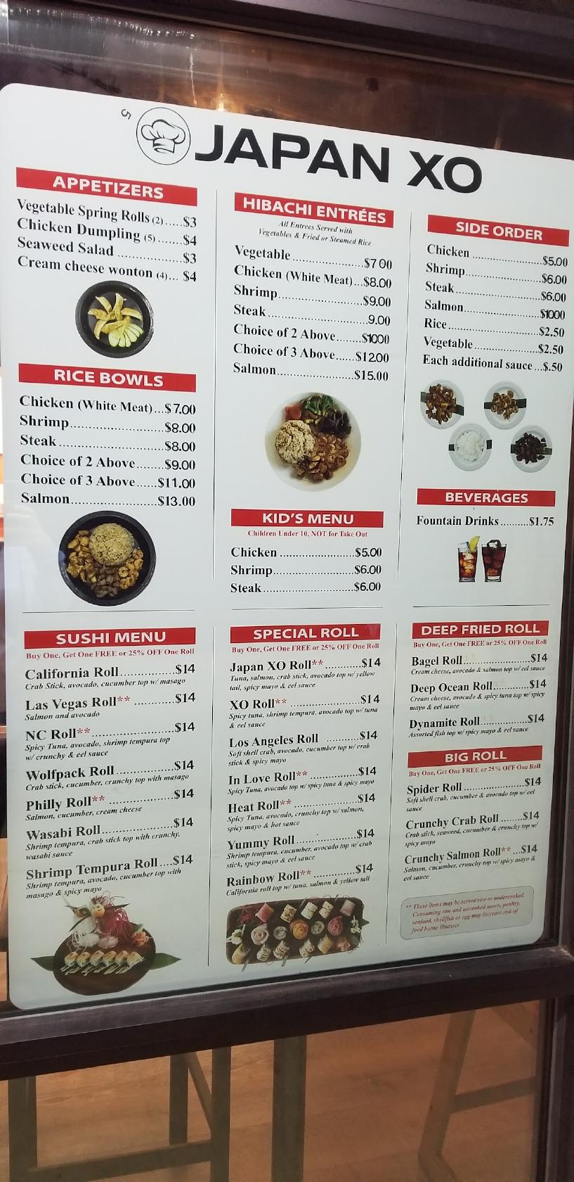 Menu at Japan XO restaurant, Raleigh