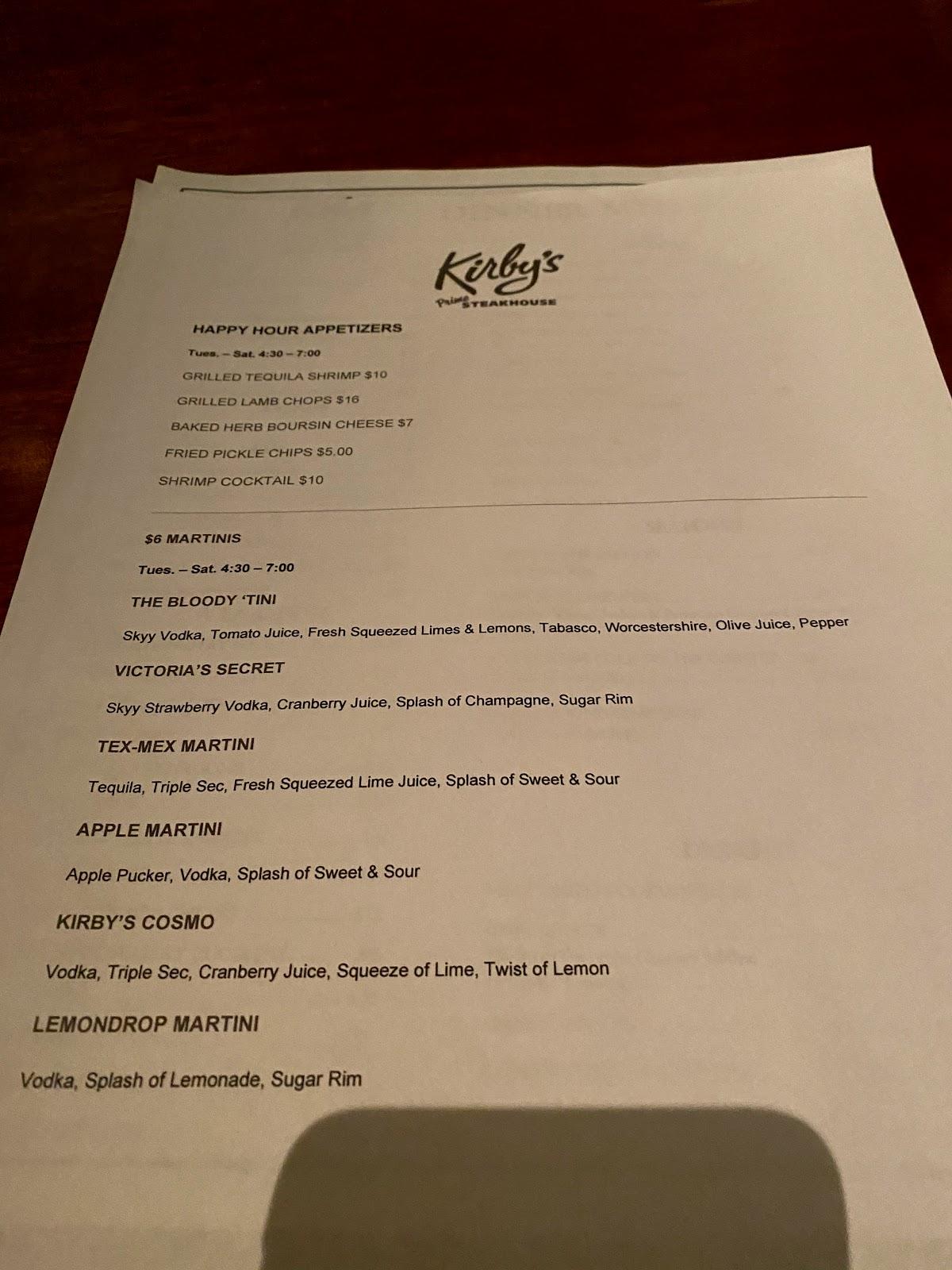 Menu at Kirby's Steakhouse, San Antonio, 123 N Loop 1604 E