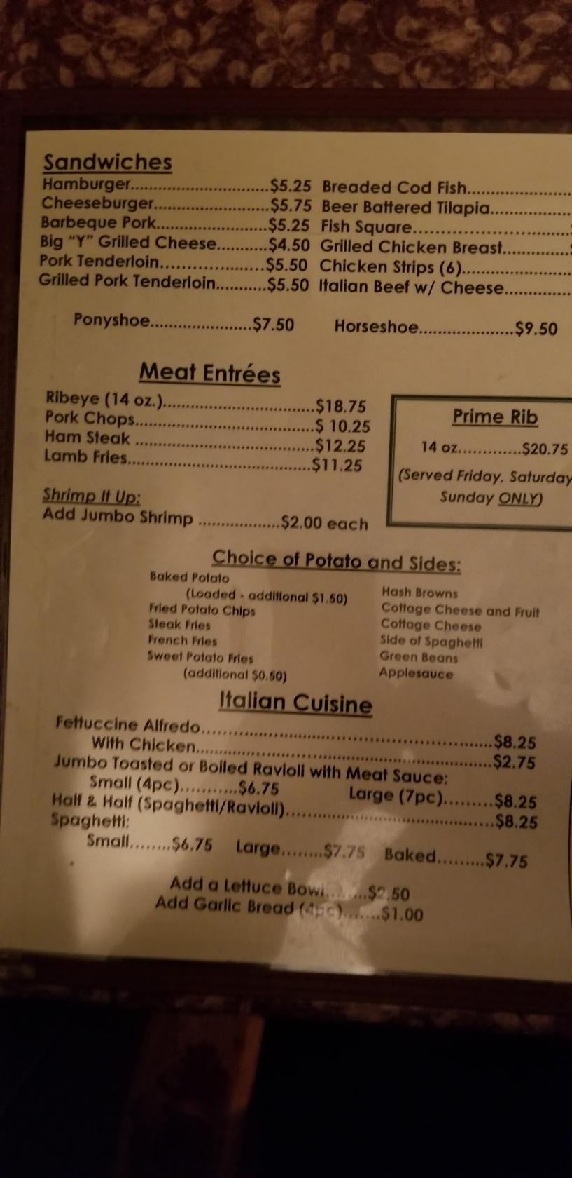 Menu at Moonlight Y restaurant, Taylor Springs