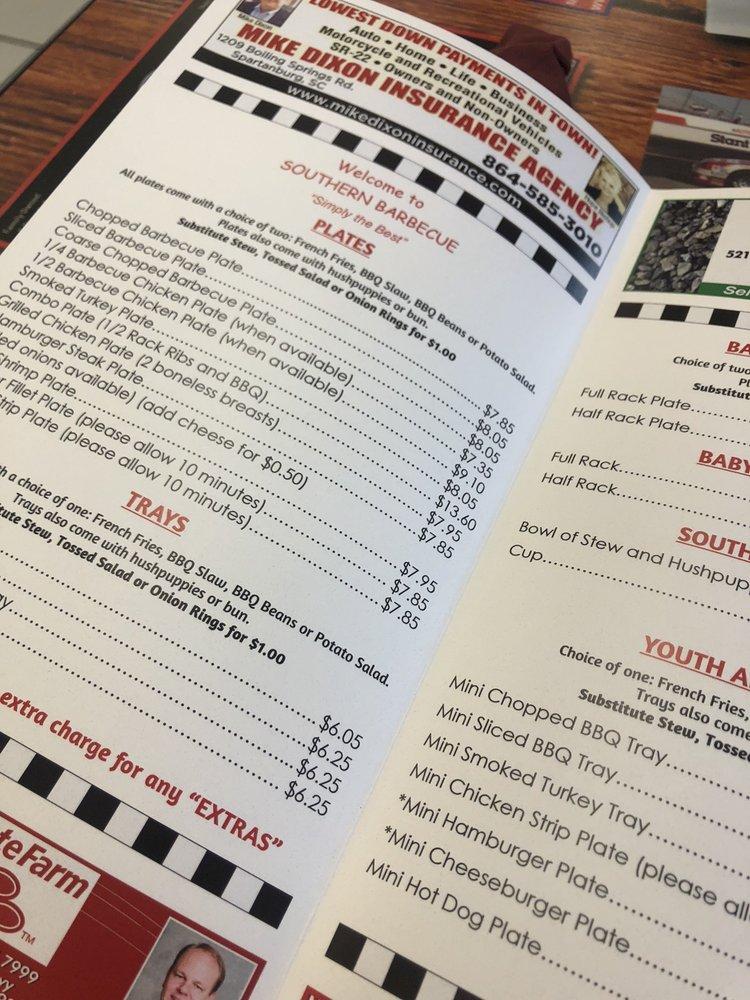 Menu at Southern Barbecue, Spartanburg, 6 Fairview Church Rd
