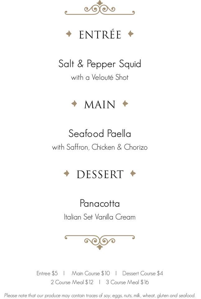 Menu at The Culinary Workshop restaurant, Northbridge