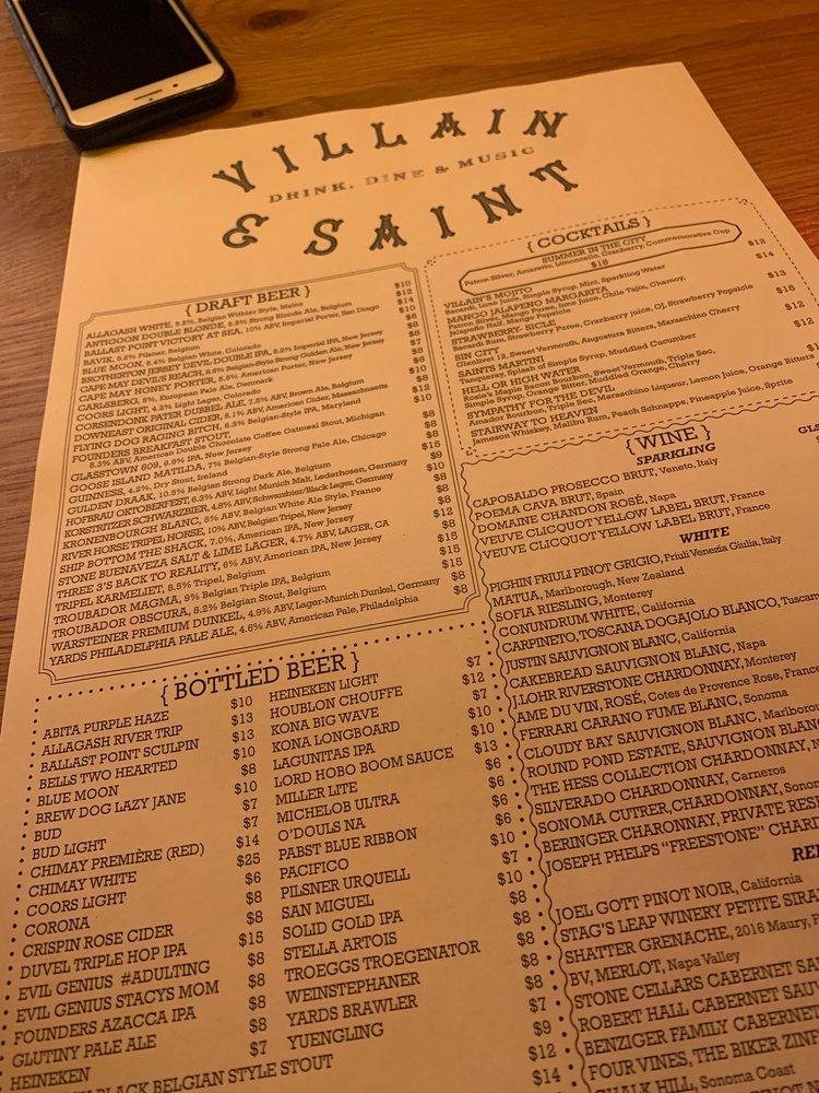 Menu at Villain & Saint restaurant, Atlantic City, 500 Boardwalk