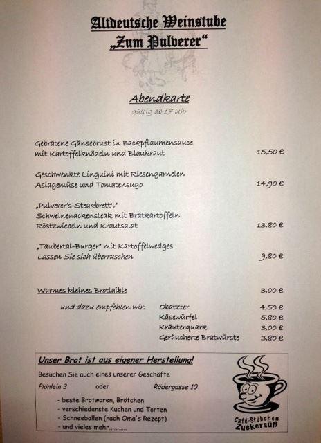 Menu at Weinstube zum Pulverer pub & bar, Rothenburg ob der Tauber
