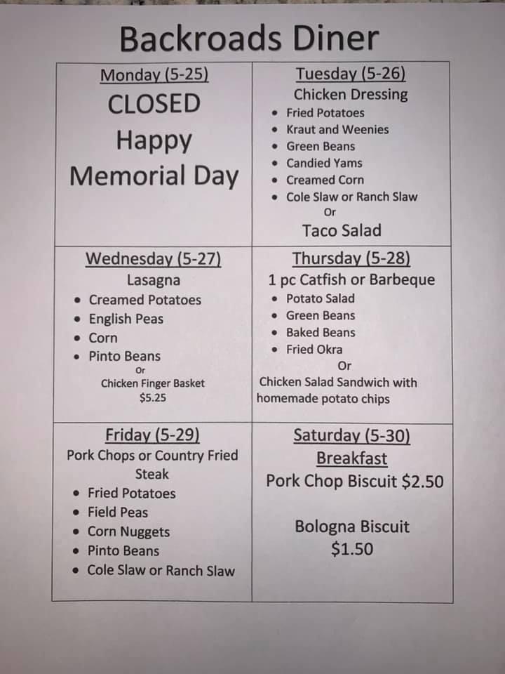Menu at Backroads Diner BBQ, Arab
