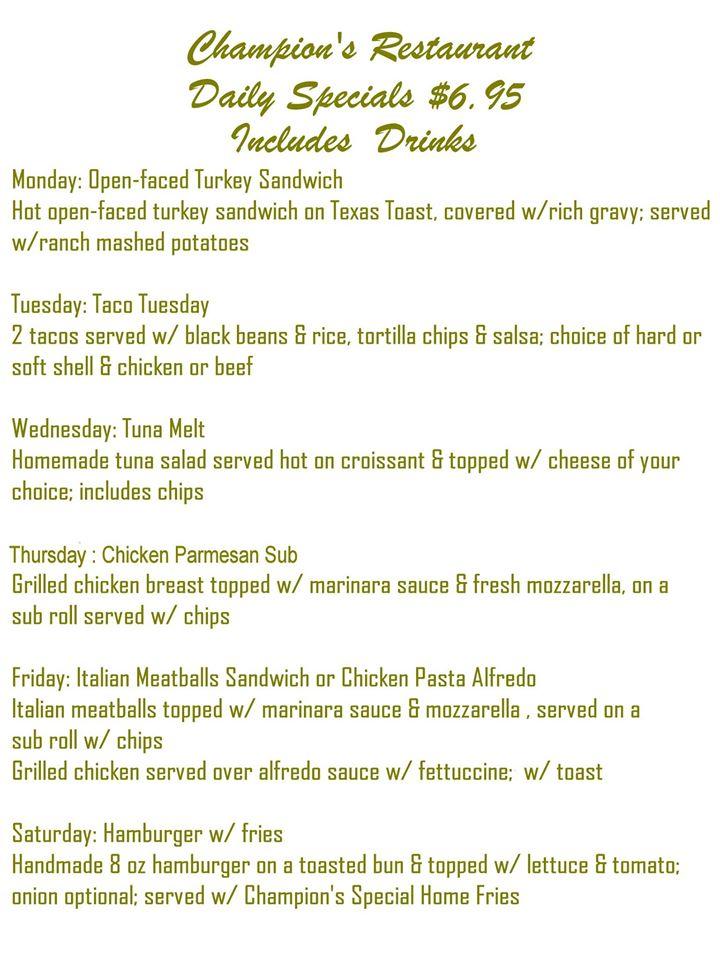 Menu at Champion's Restaurant, Roberta