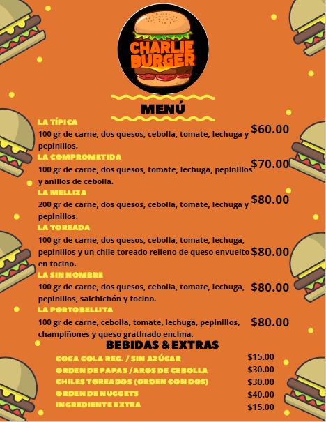 Menu at Charlie Burger restaurant, Ciudad Madero