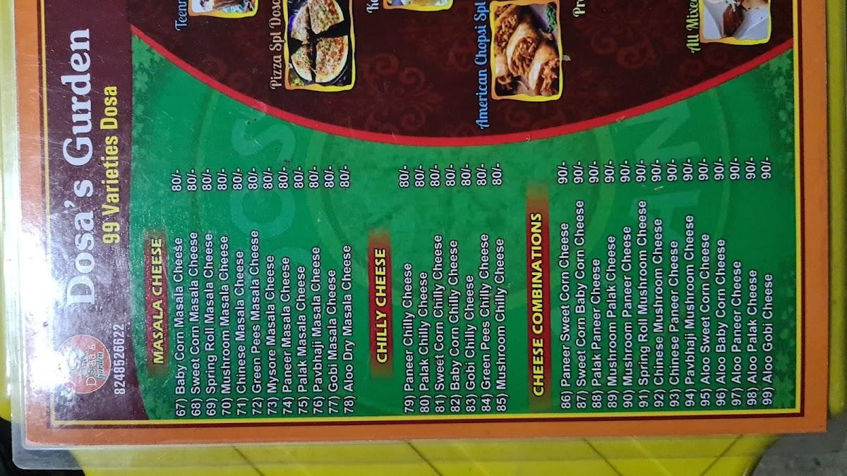 Menu at Dosa's Garden, Hosur