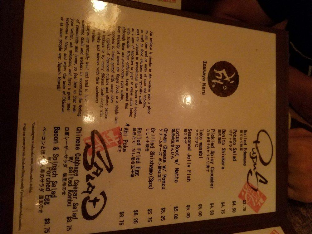 Menu at Izakaya Naru Honolulu restaurant, Honolulu