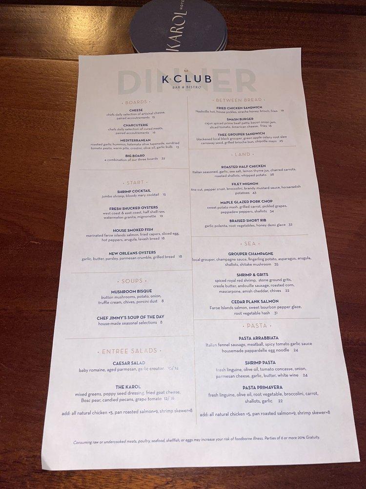 Menu at K Club Bar & Bistro, Clearwater