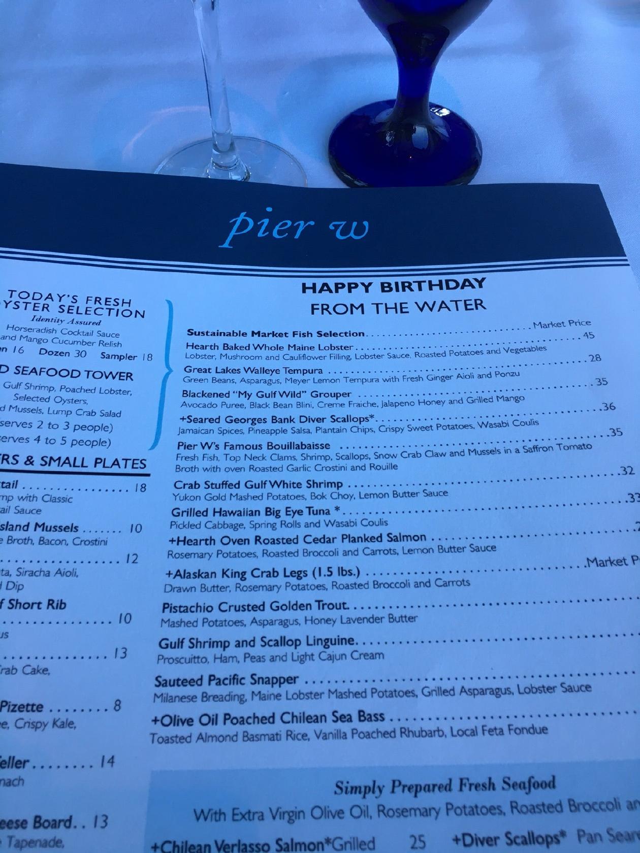 Menu at Pier W restaurant, Lakewood