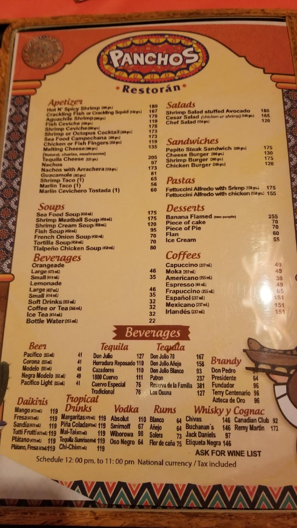 Carta de Restaurant Panchos, Mazatlán, Av. Camaron Sabalo 1614-B