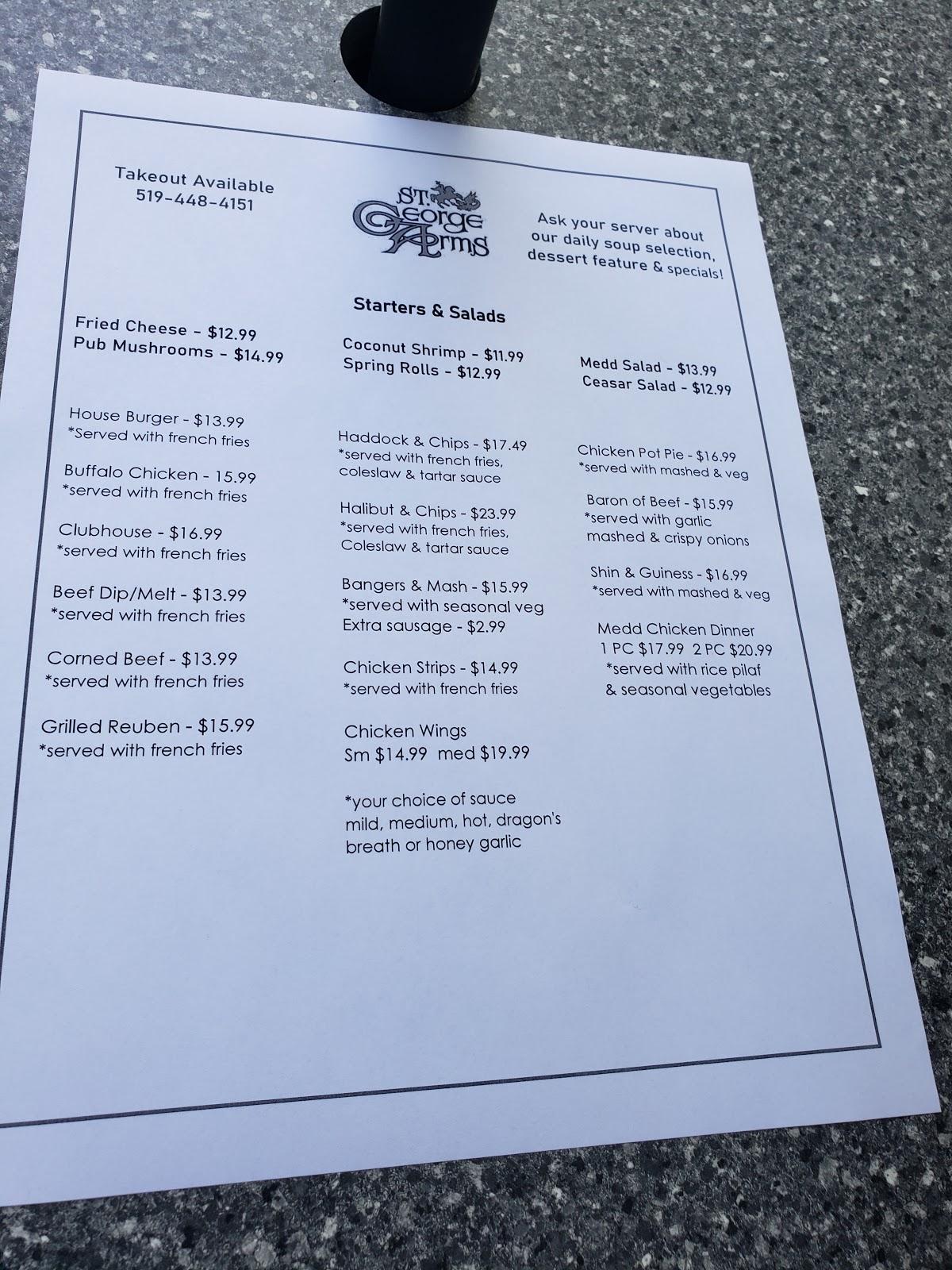 Menu at St George Arms pub & bar, Brant