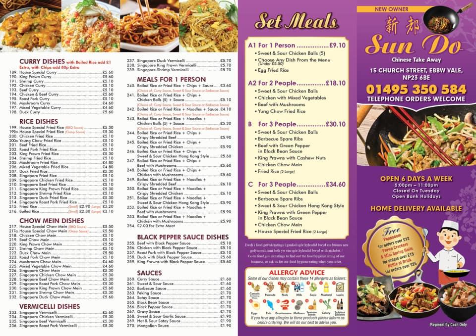 Menu at Sundo fast food, Ebbw Vale