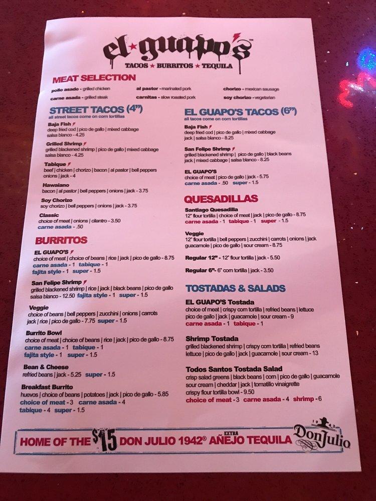 Menu at el guapo's restaurant, Campbell