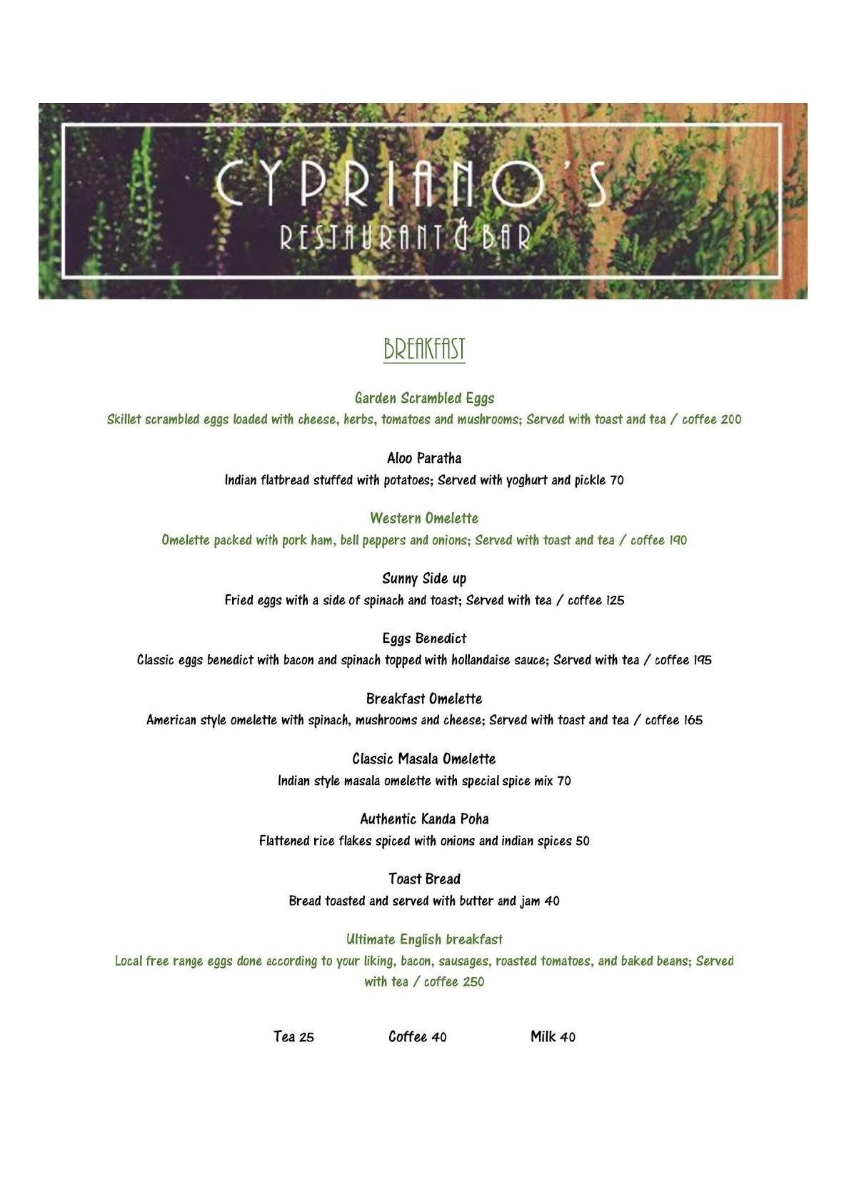 Menu at Cypriano's, Baga