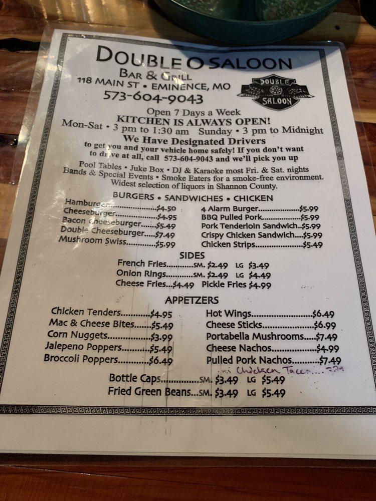 Menu at Double O Saloon pub & bar, Eminence