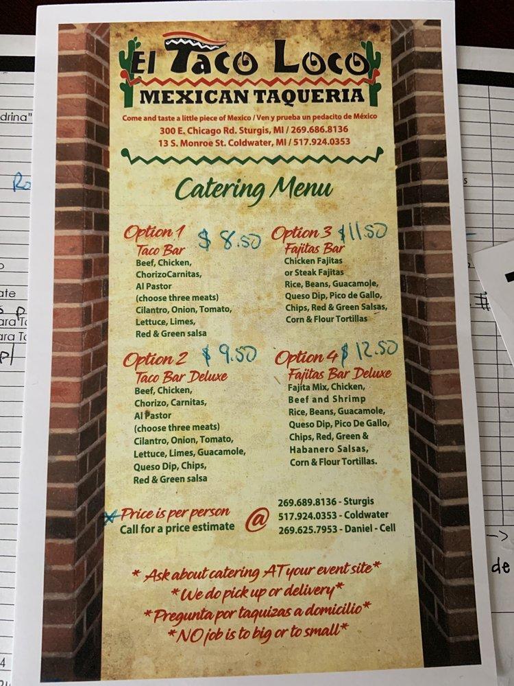 Menu at El Taco Loco Mexican Taqueria restaurant, Sturgis, 105 S Maple St