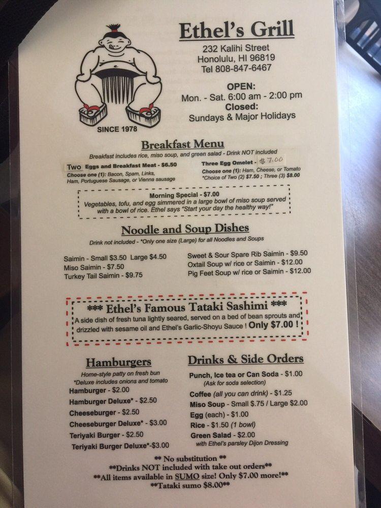 Menu at Ethel's Grill restaurant, Honolulu