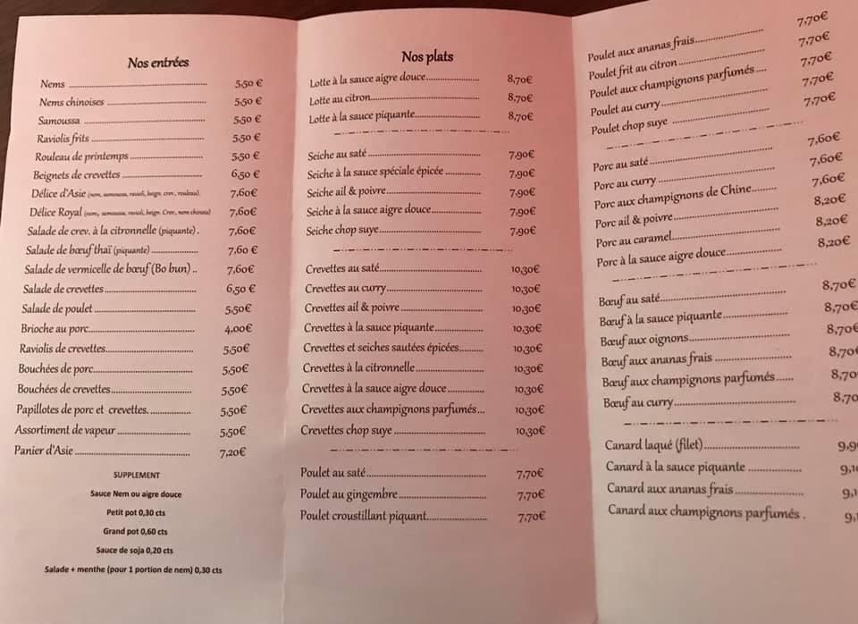 Menu at Le Petit Siam restaurant, Biarritz