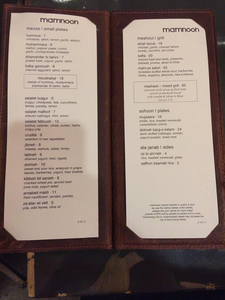 Menu at Mamnoon restaurant, Seattle