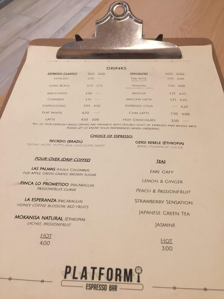 Menu at Platform Espresso Bar, Markham