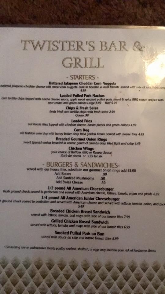 Menu at twister's restaurant, Eminence