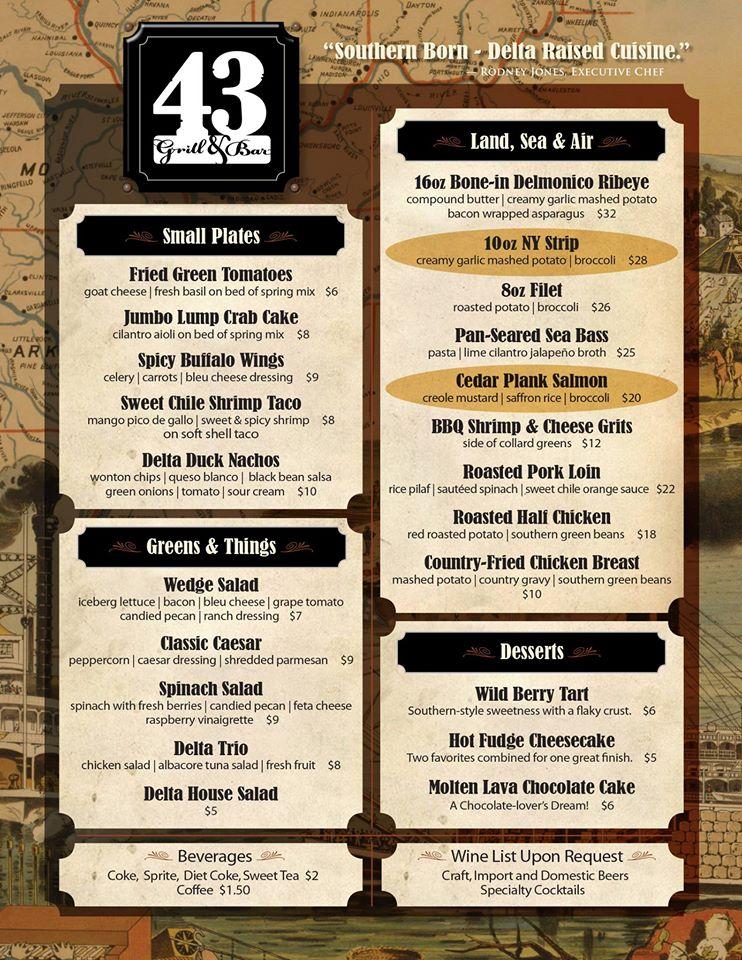 Menu at 43 Grill & Bar, USA, Bucksducks Rd