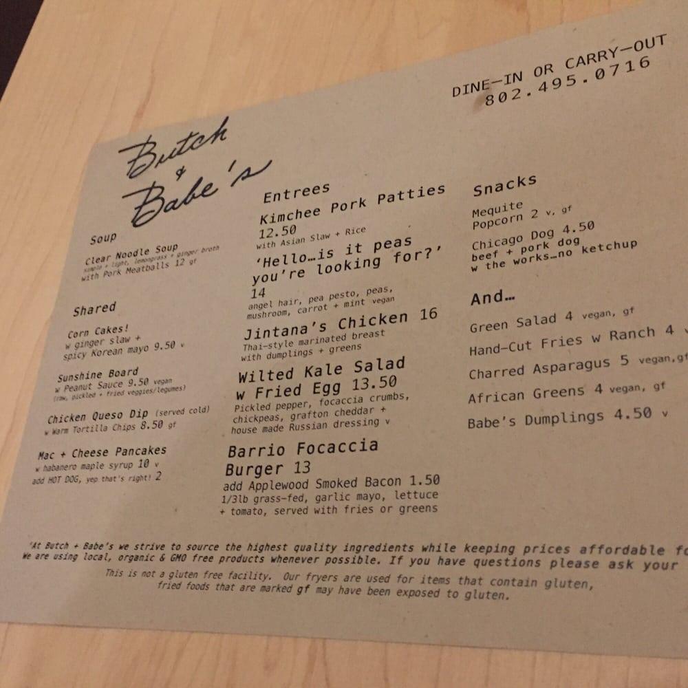 Menu at Butch + Babe's pub & bar, Burlington