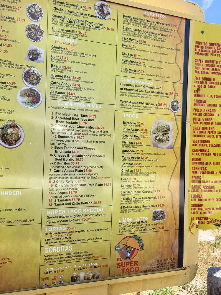 Menu at El Super Taco restaurant, Tulsa, S Peoria Ave
