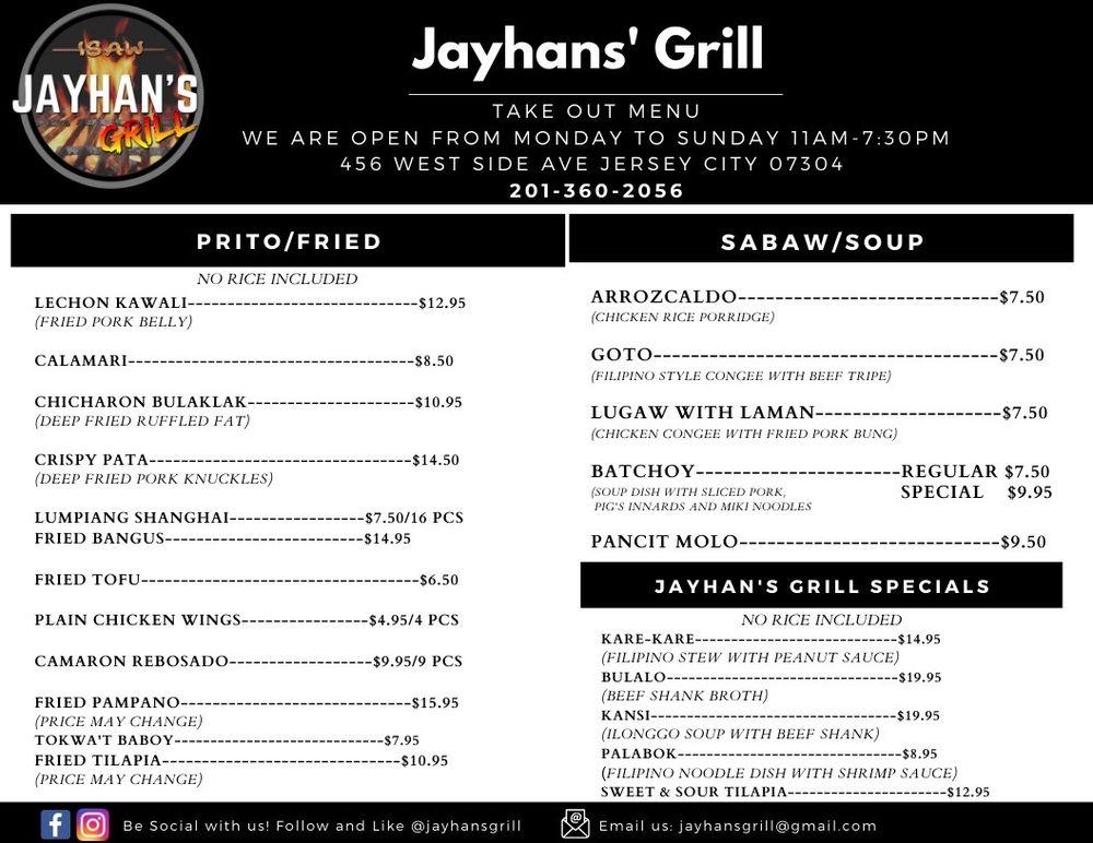 Menu at Jayhan's Grill restaurant, Jersey City