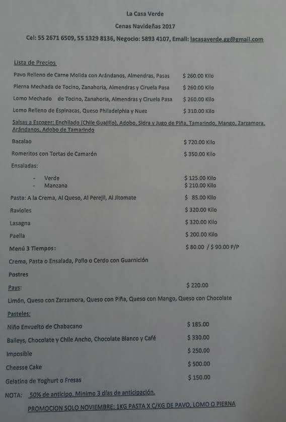 Menu at La Casa Verde restaurant, Cuautitlán Izcalli, Cedros 9