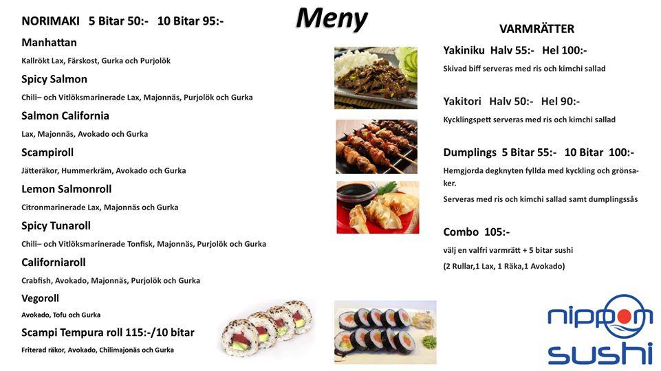 Menu at Nippon Sushi restaurant, Kungsbacka