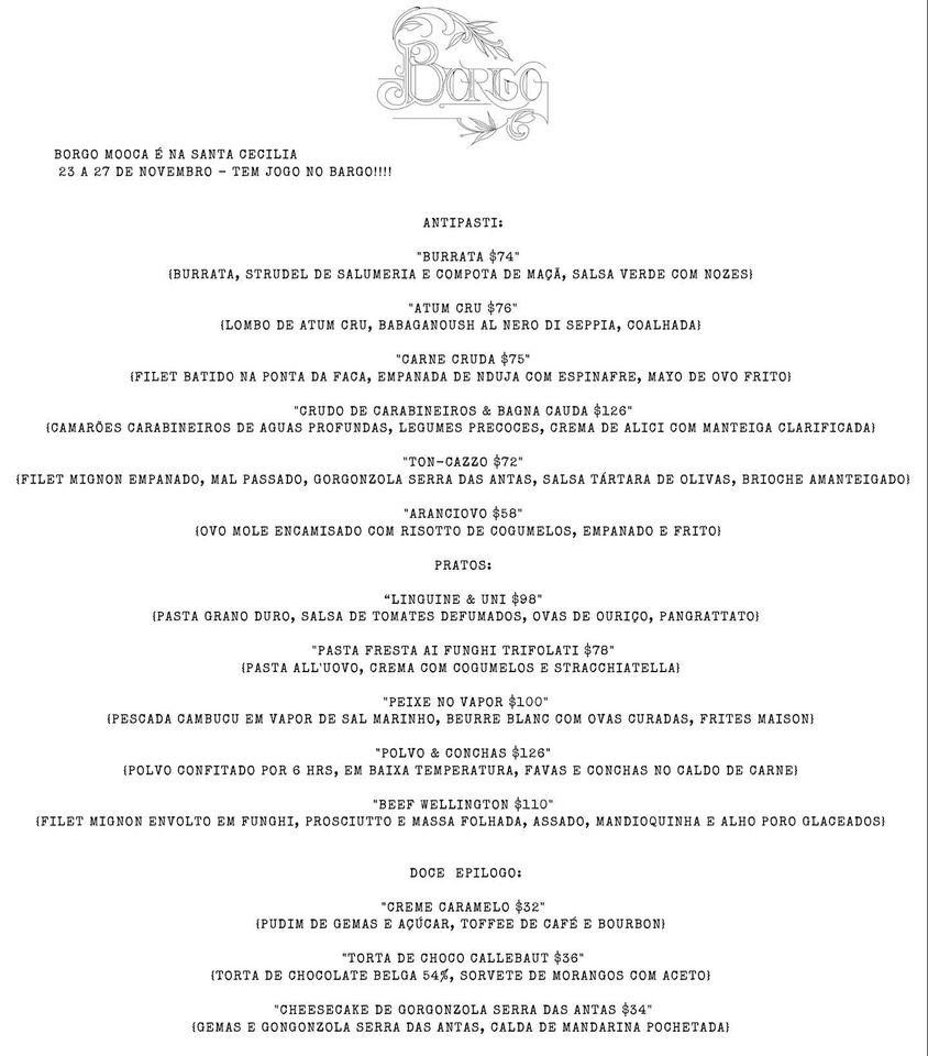 Menu at Borgo Mooca restaurant, São Paulo
