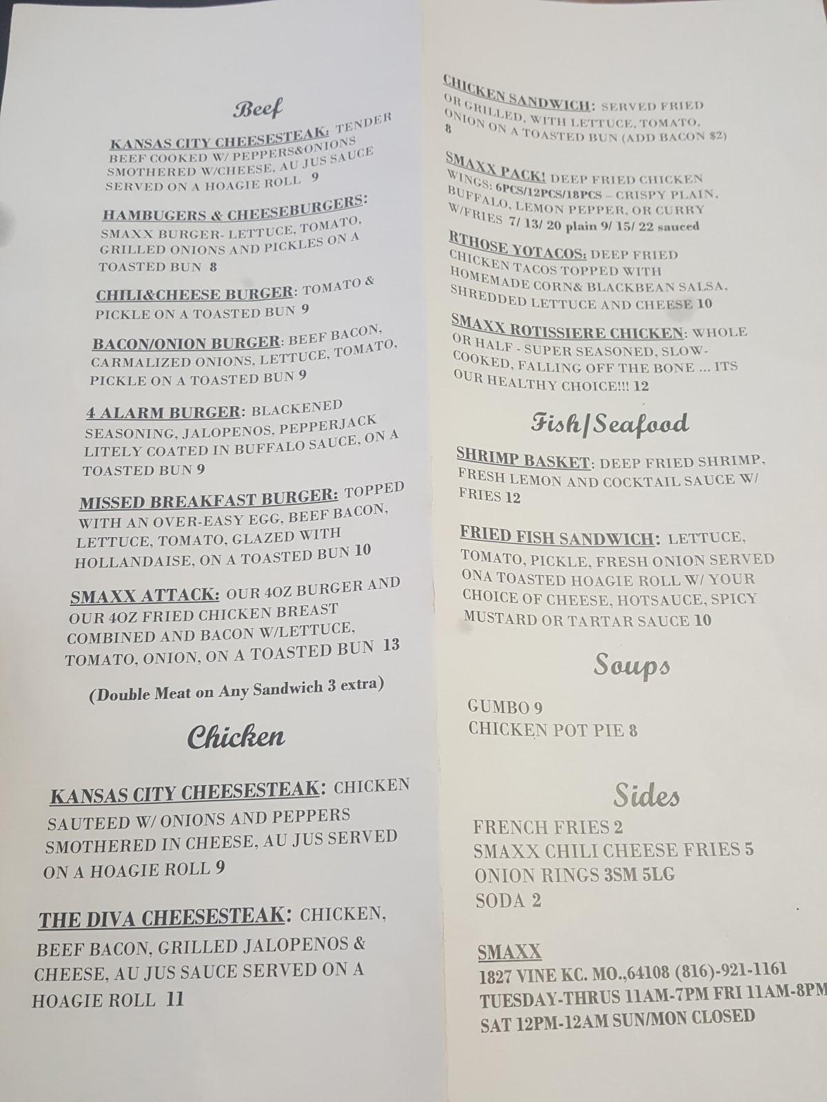 Menu at Smaxx restaurant, Kansas City