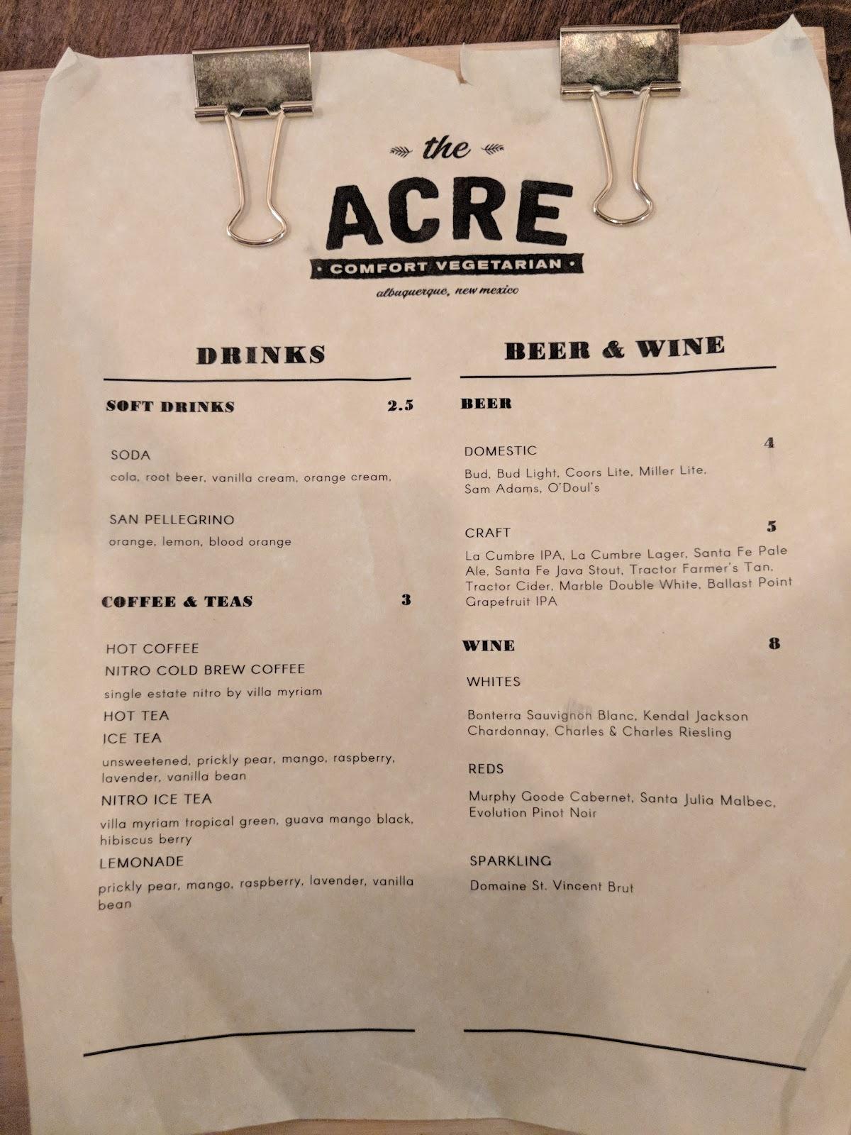 Menu at The Acre restaurant, Albuquerque