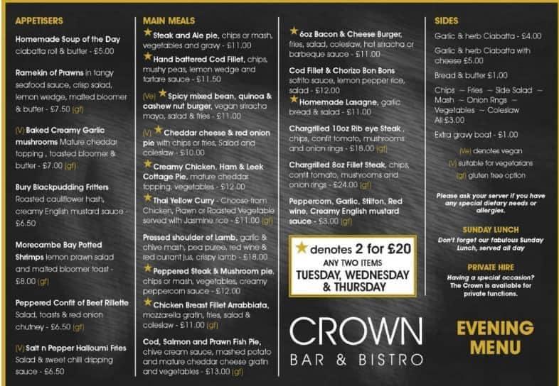 Menu at The Crown Bar & Bistro, Morecambe