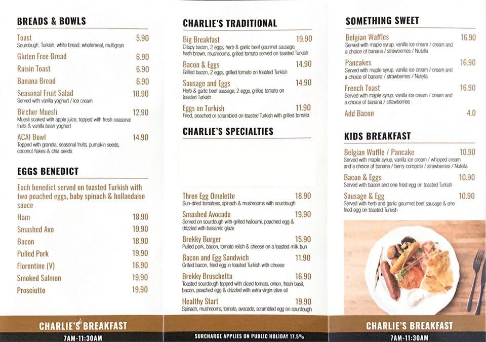 Menu at Charlie's Cafe & Bar, Surfers Paradise