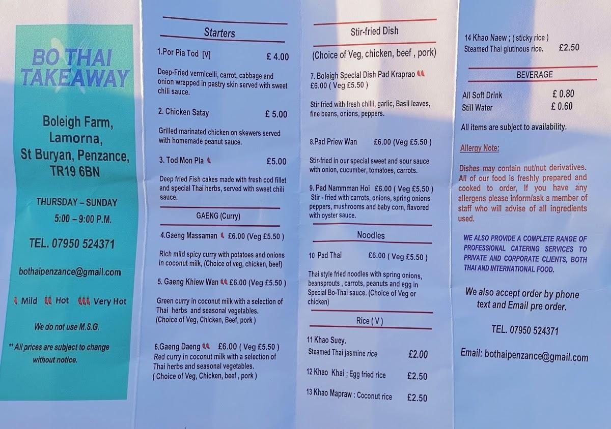 Menu at Bo Thai Takeaway Boleigh Farm, Lamorna restaurant, Newlyn