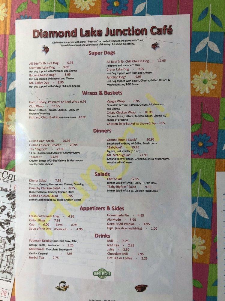 Menu at Diamond Lake Junction Cafe, USA, US-97