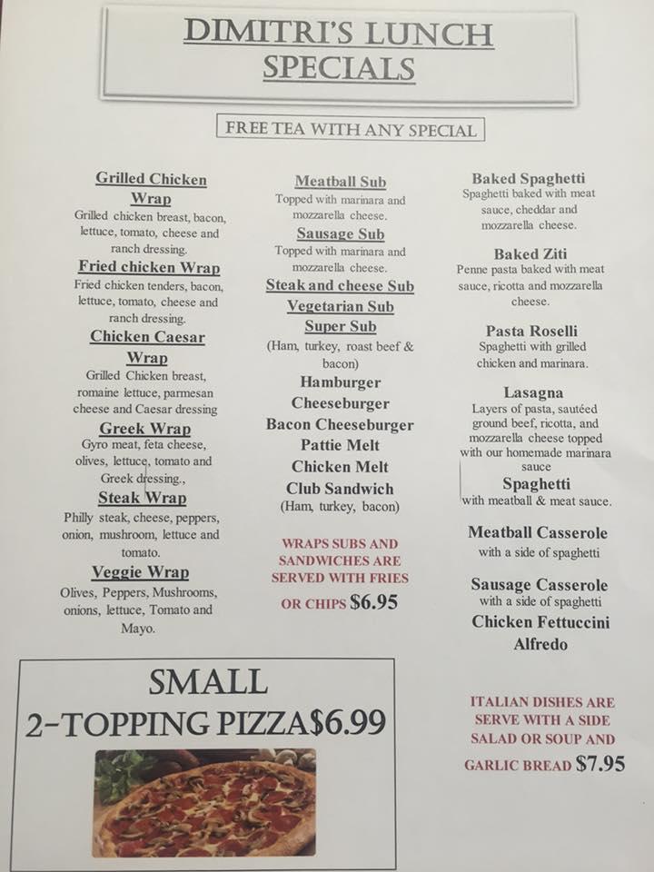 Menu at Dimitri's Greek Italian Restaurant, Greer