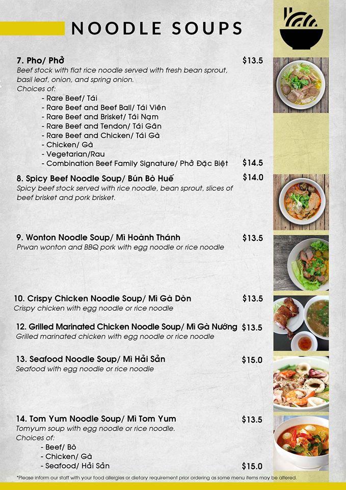 Menu at Family Pho restaurant, Geelong