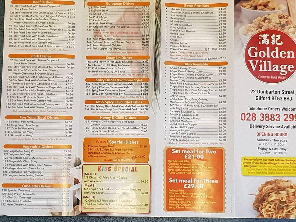 Menu at Golden Village fast food, Gilford