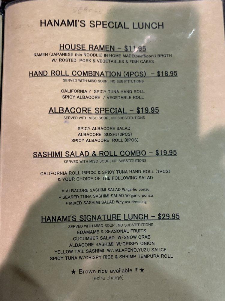 Menu at Hanami Sushi restaurant, Calabasas