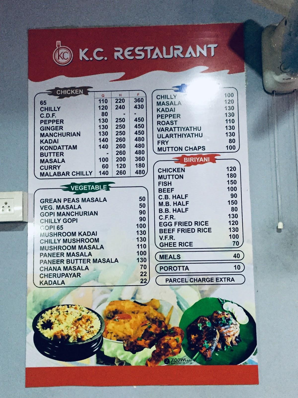 Menu at K C Restaurant, Balussery