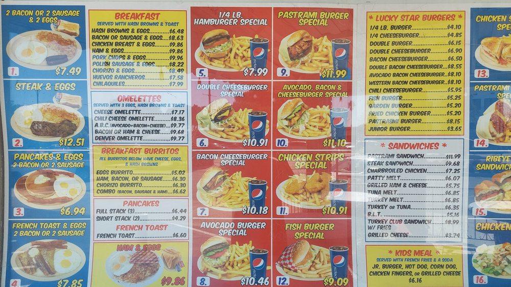 Menu at Lucky Star Burgers fast food, Baldwin Park, Ramona Blvd